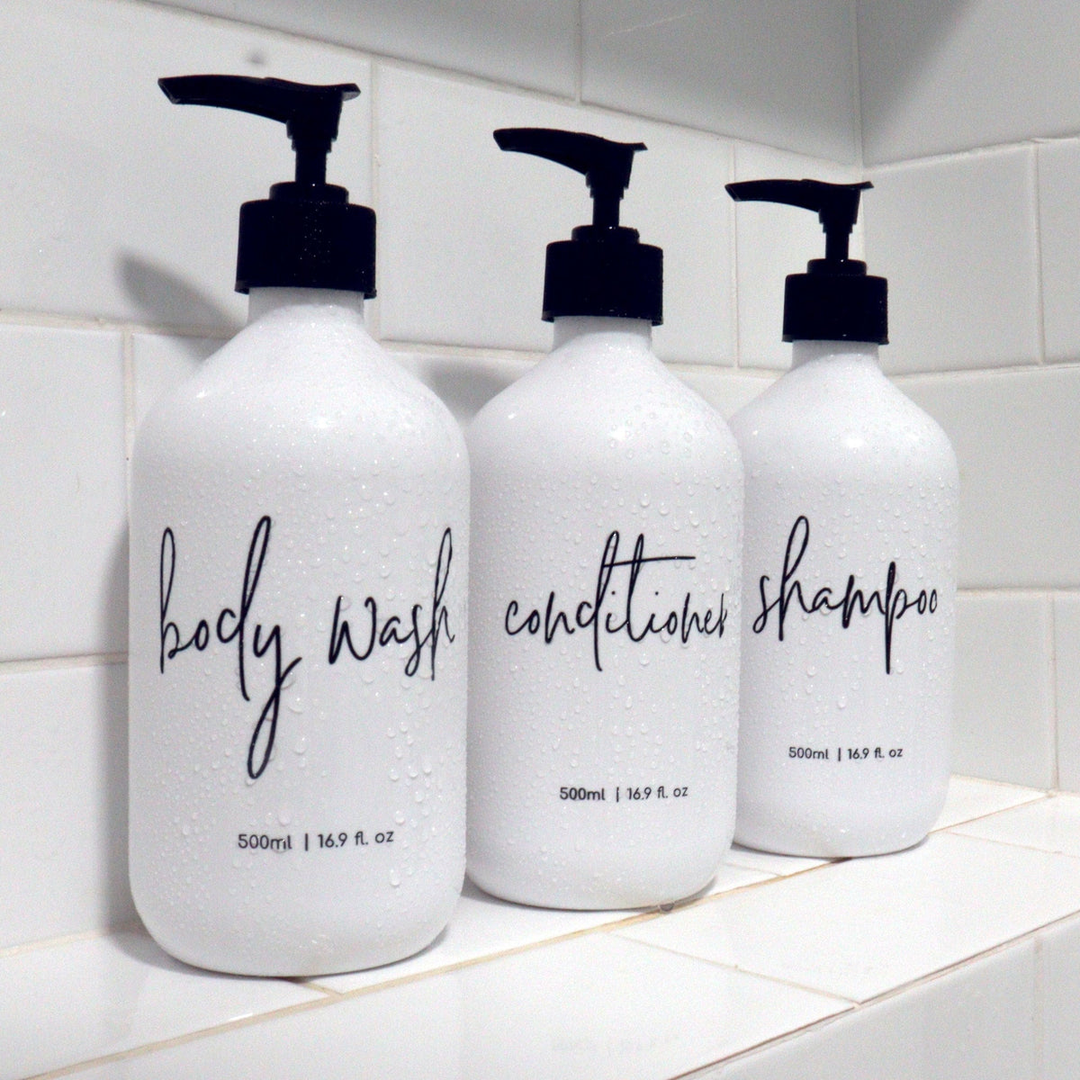 3 Piece WHITE Bathroom Bottle Set - Body Wash, Shampoo, Conditioner ...